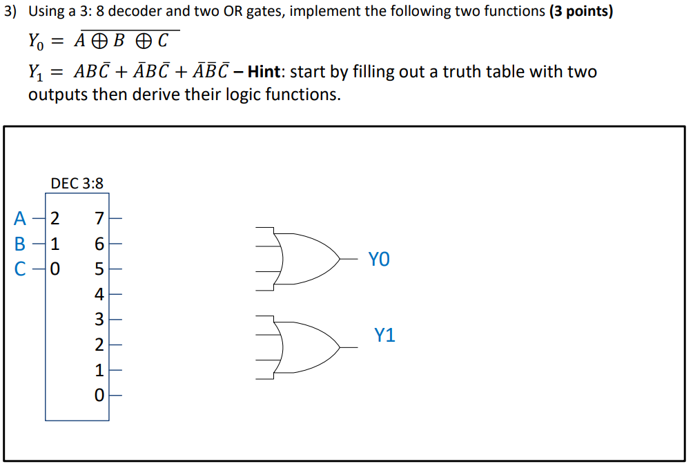 Solved Using a 3: 8 ﻿decoder and two OR gates, implement the | Chegg.com