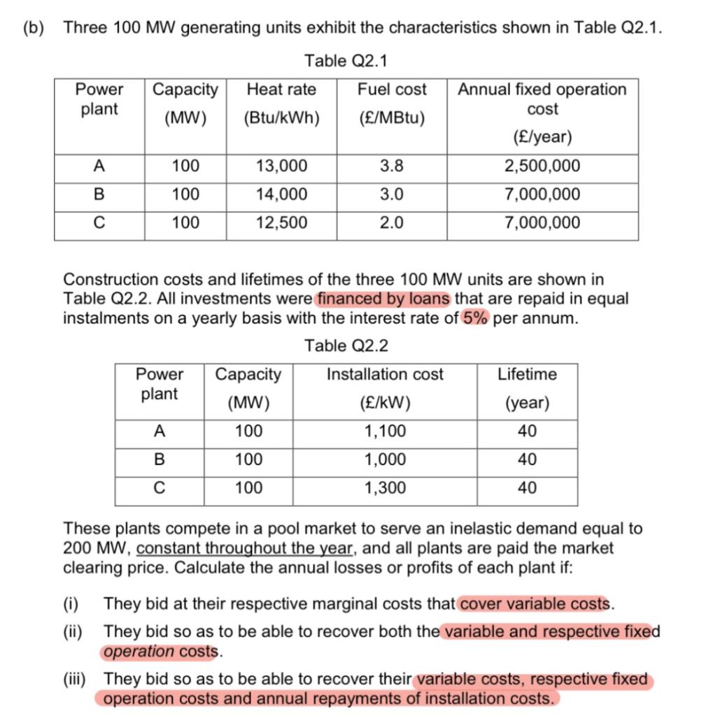 (b) Three 100 MW generating units exhibit the | Chegg.com