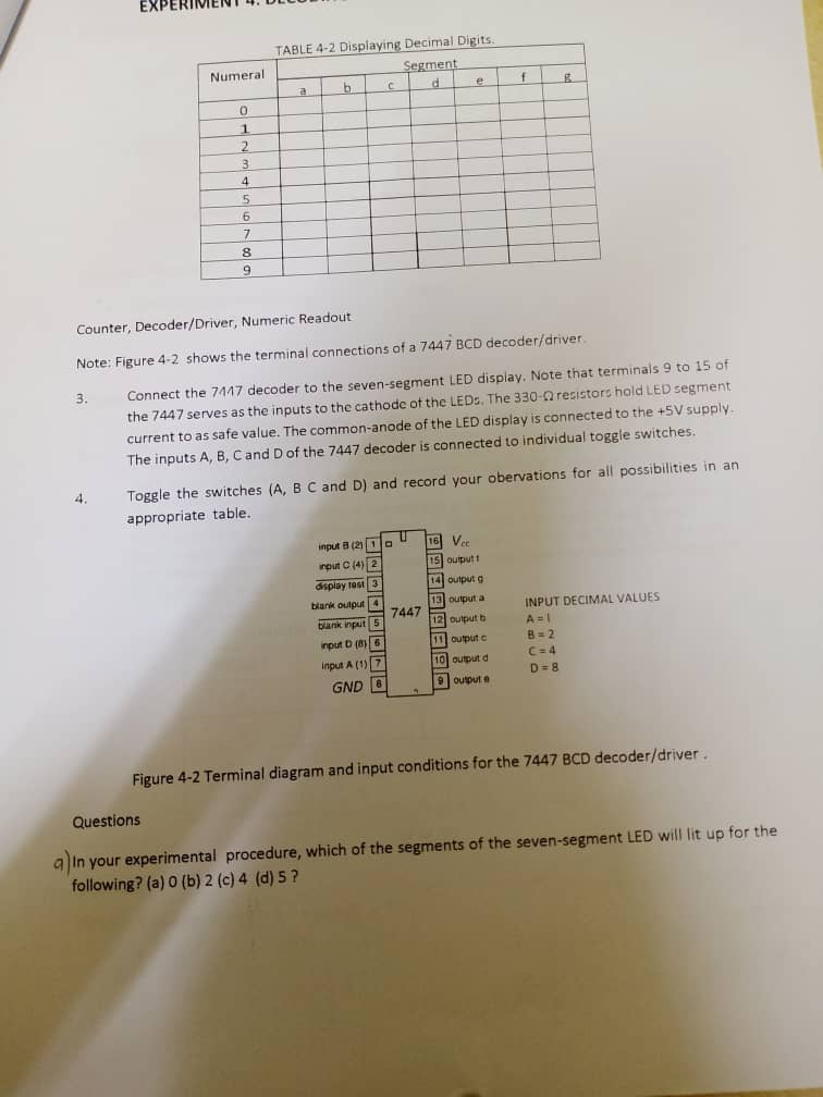 Solved EXPERIMENT 4: DECODING COUNTERS AND DIGITAL DISPLAYS | Chegg.com