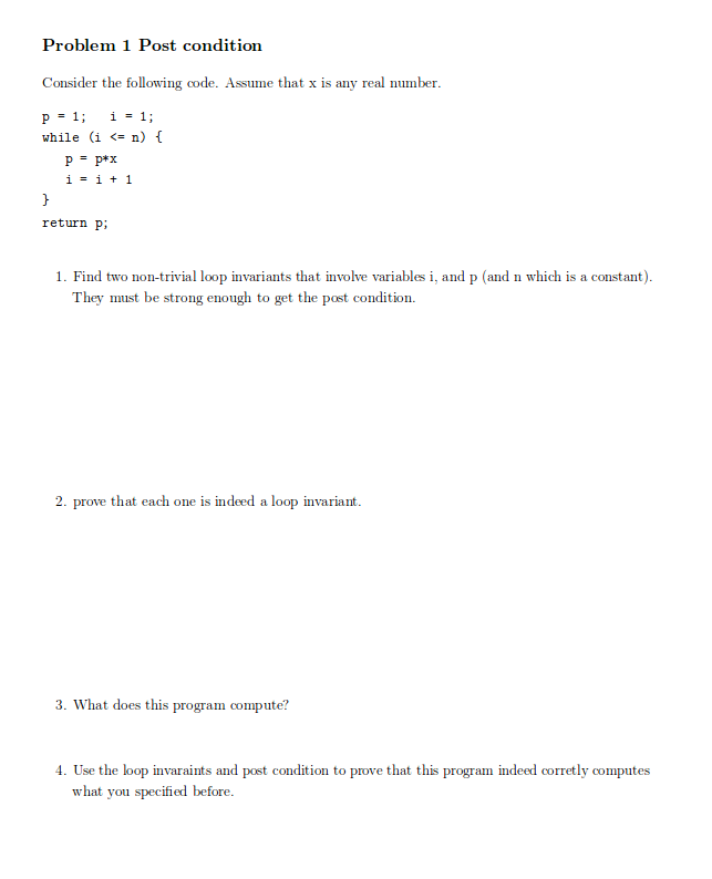 Problem 1 Post condition Consider the following code. | Chegg.com