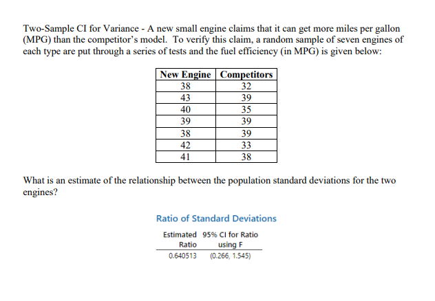Solved Two-Sample CI for Variance - A new small engine | Chegg.com