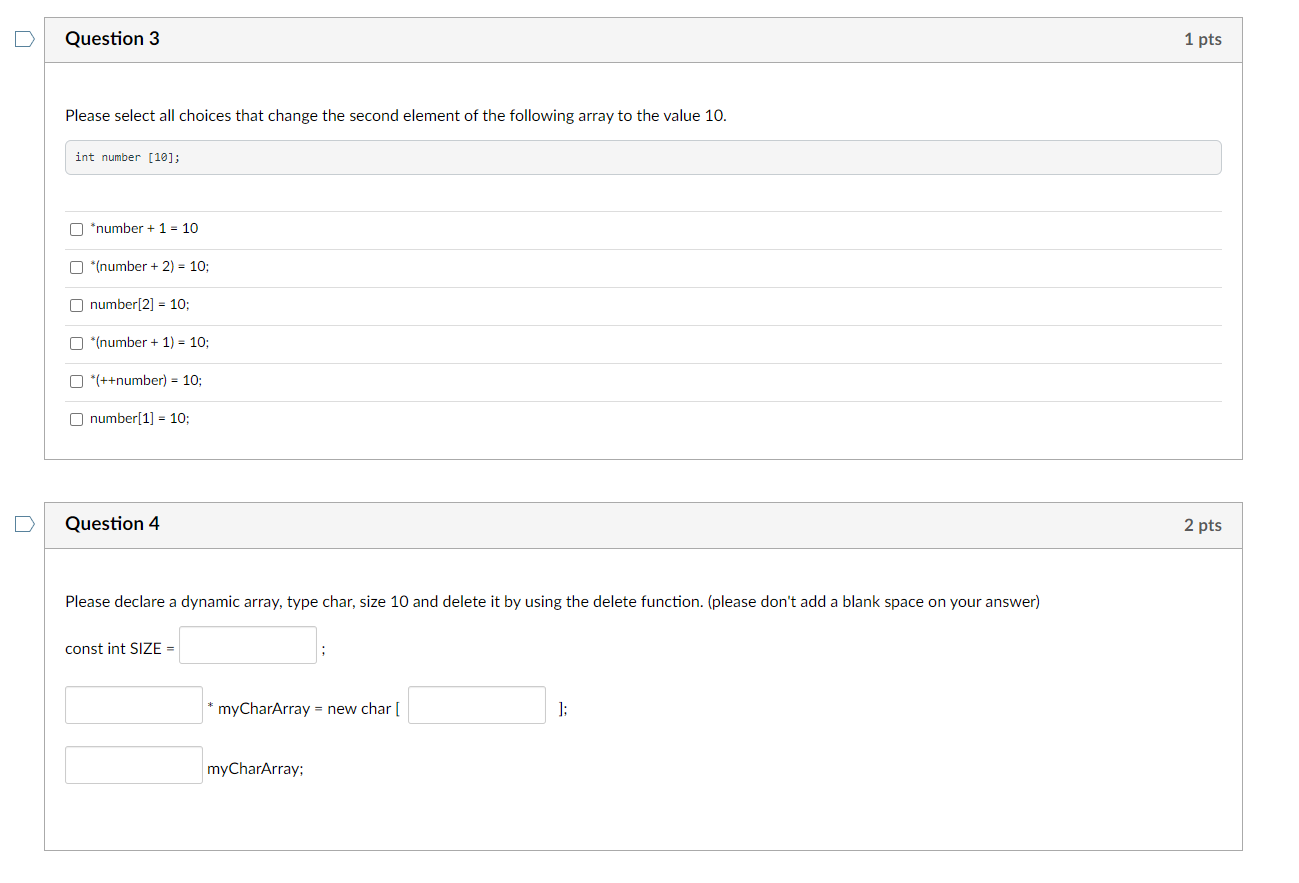 Solved Question 1 1 pts Please declare an array type float, | Chegg.com