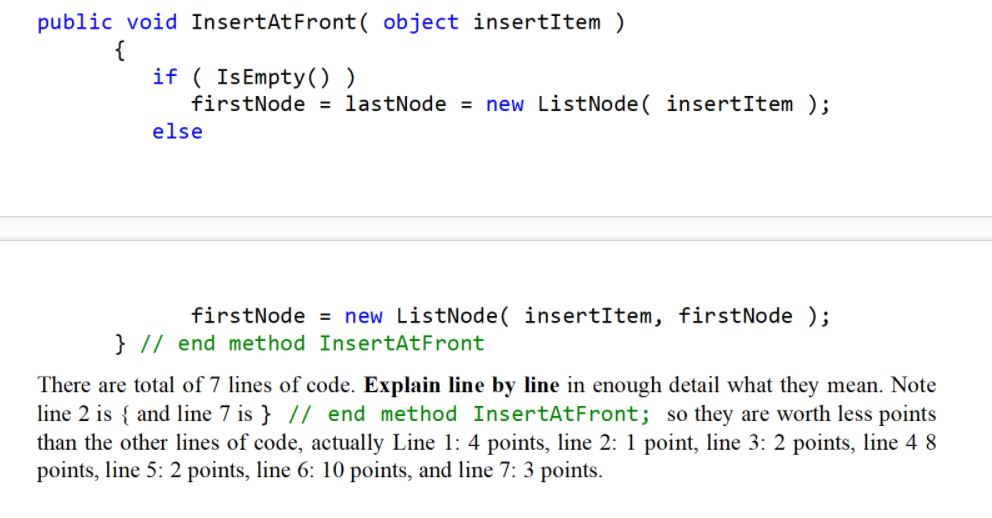 Solved public void InsertAt Front ( object insertItem ) if ( | Chegg.com