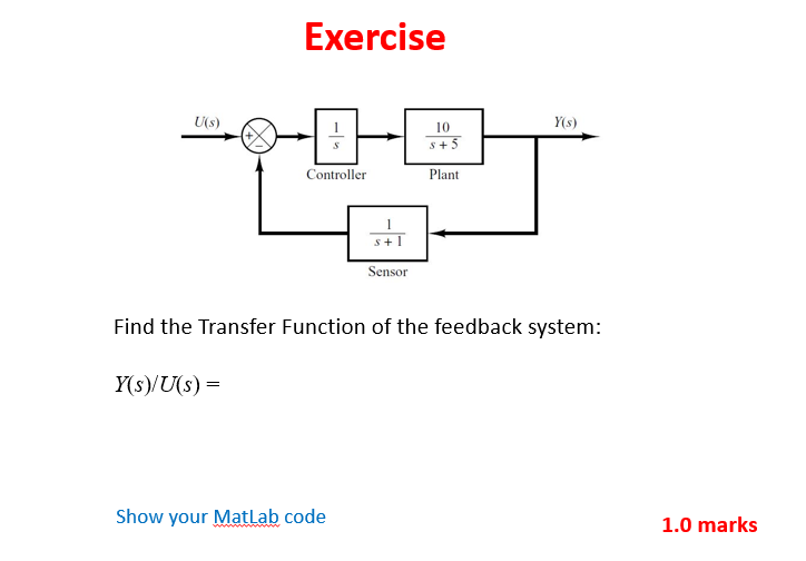 Solved Exercise U(s) Y(s) 10 S+5 Controller Plant S + Sensor | Chegg.com
