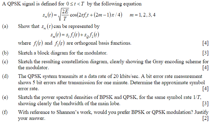 Solved A QPSK signal is defined for 0 St | Chegg.com