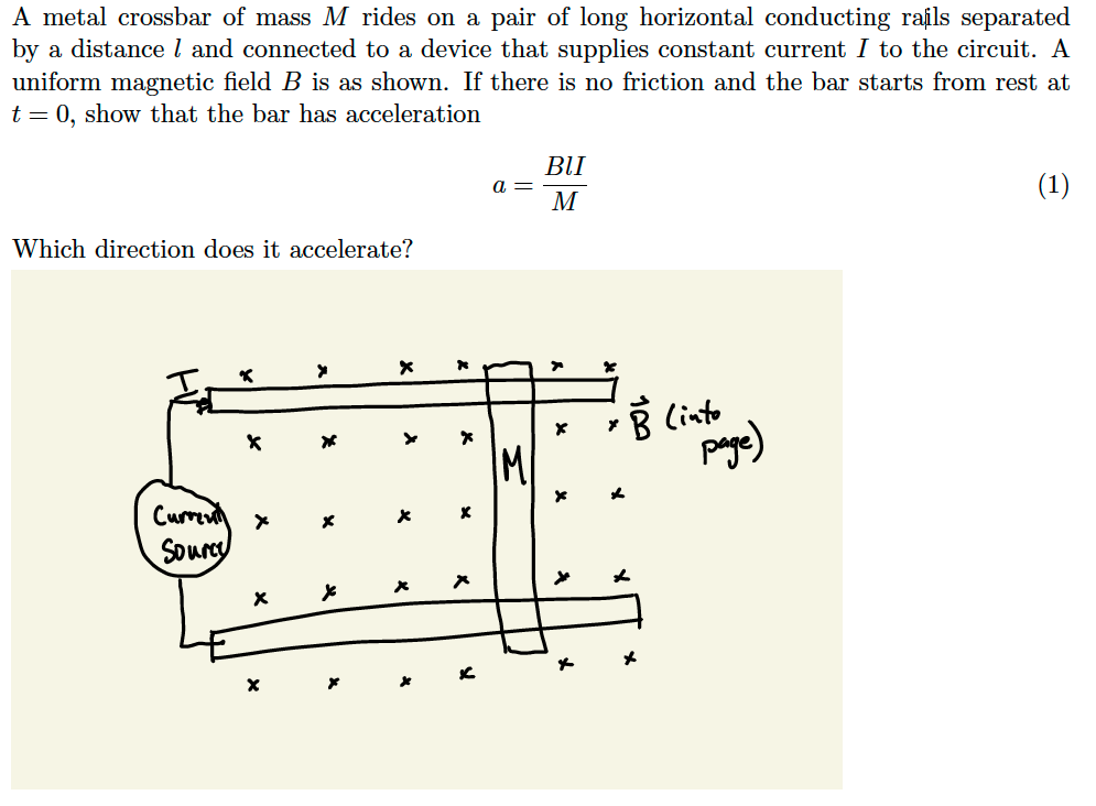 Solved A metal crossbar of mass M rides on a pair of long | Chegg.com