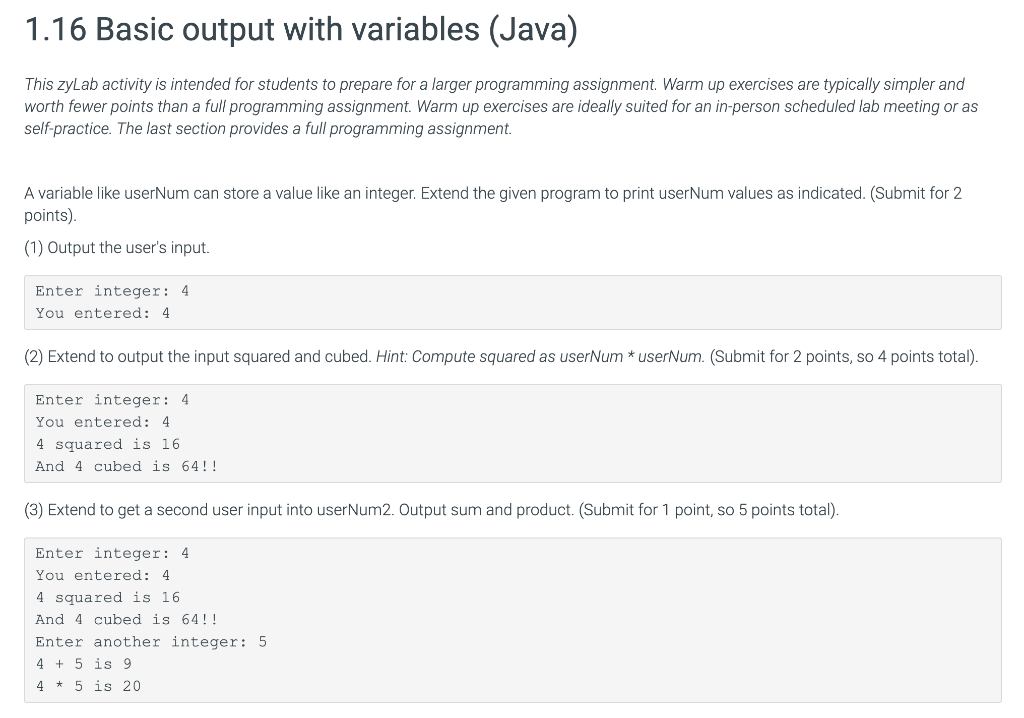 Solved 1.16 Basic output with variables (Java) This zyLab | Chegg.com