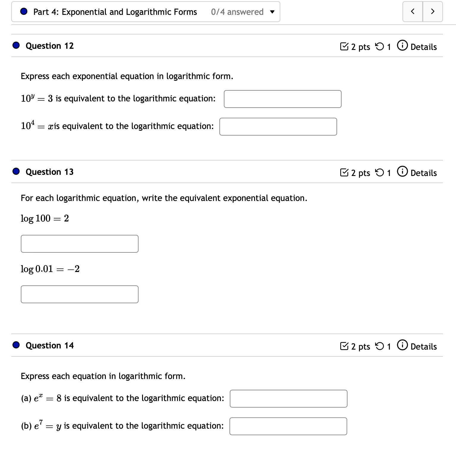 Solved Express each exponential equation in logarithmic | Chegg.com