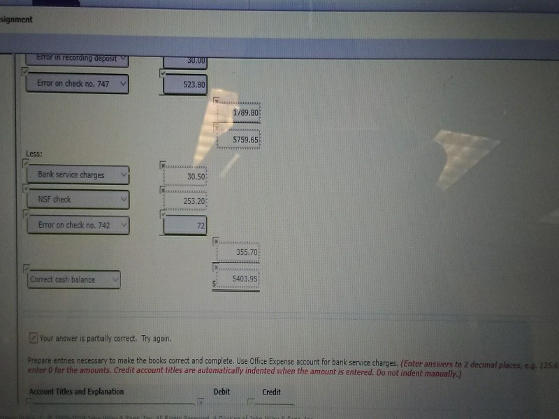 Solved signment Error in recording depost Error on check | Chegg.com