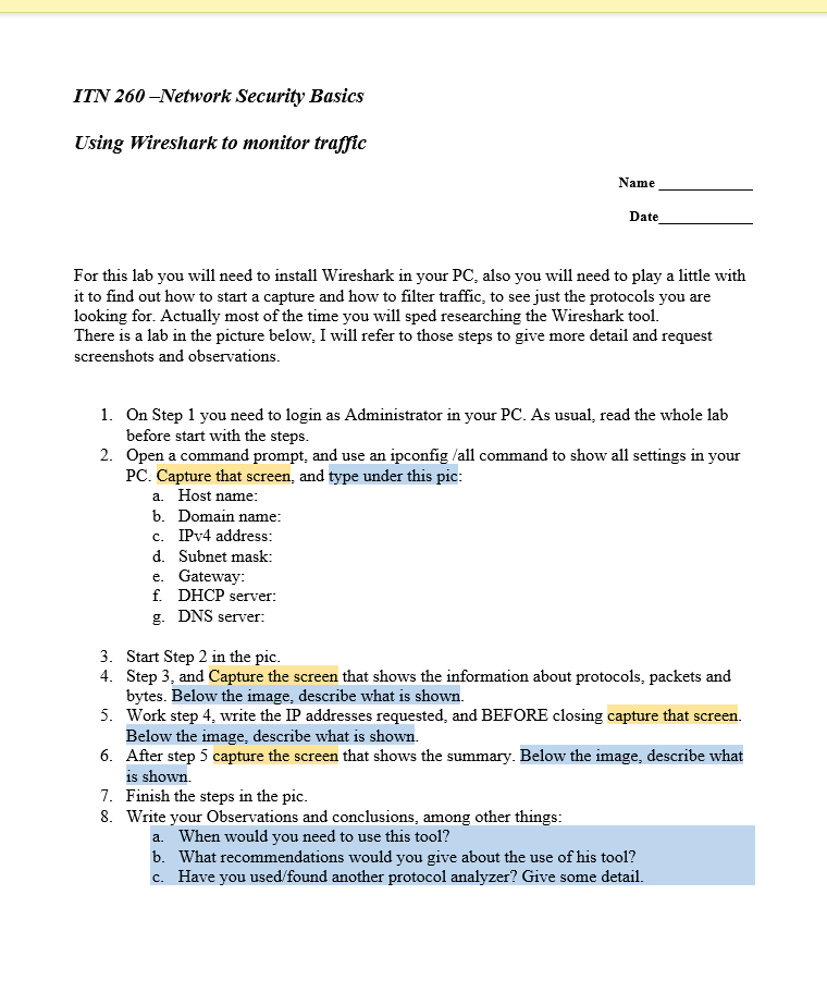 Solved ITN 260-Network Security Basics Using Wireshark to | Chegg.com