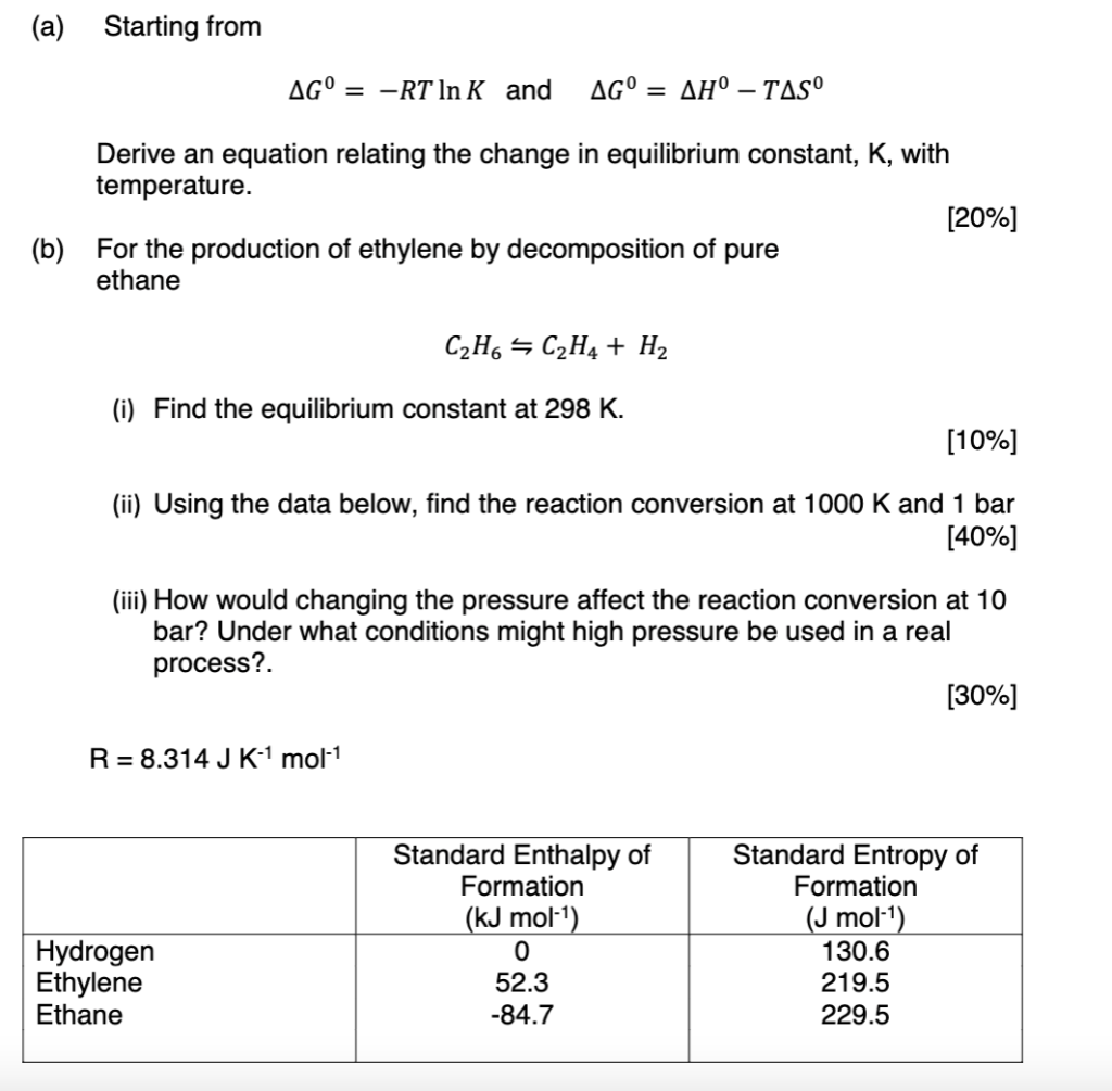 Solved (a) Starting from ΔG0=−RTlnK and ΔG0=ΔH0−TΔS0 Derive | Chegg.com