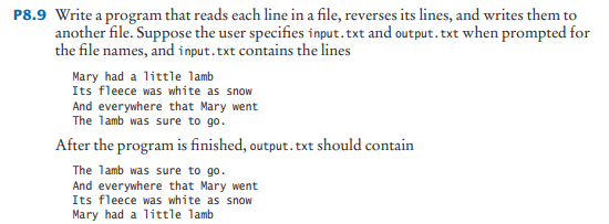 Solved P8.9 Write a program that reads each line in a file, | Chegg.com