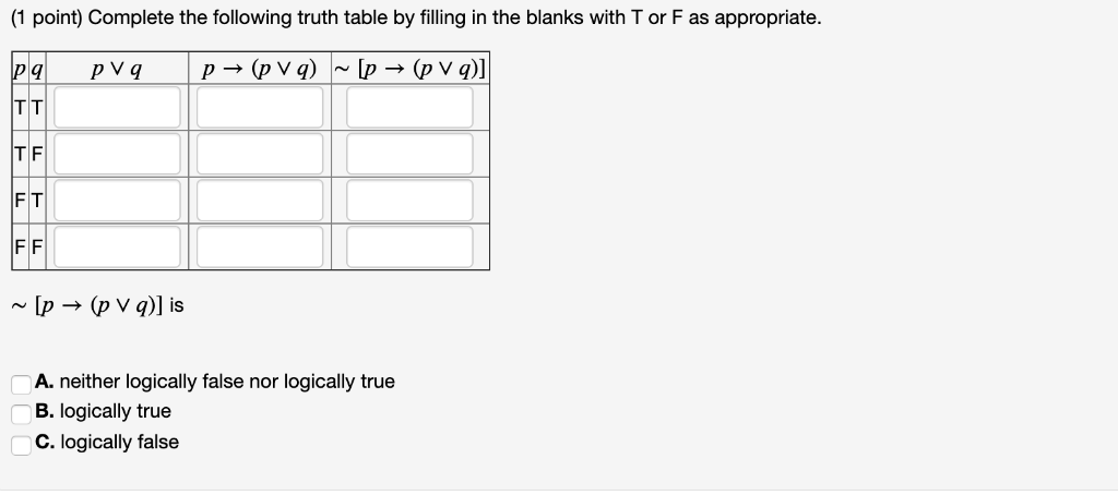 Solved (1 point) Complete the following truth table by | Chegg.com