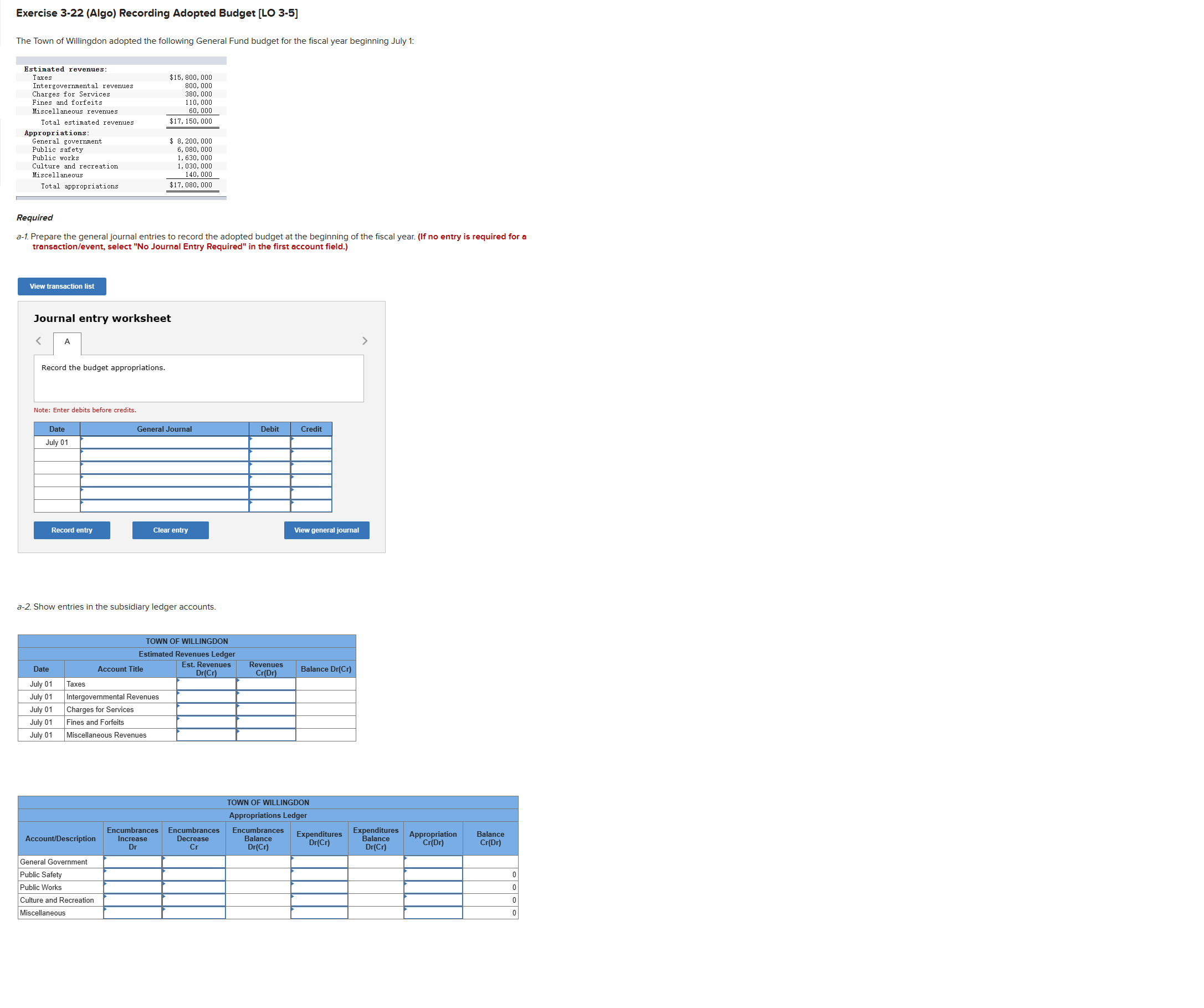 Solved Exercise 3-22 (Algo) ﻿Recording Adopted Budget [LO | Chegg.com