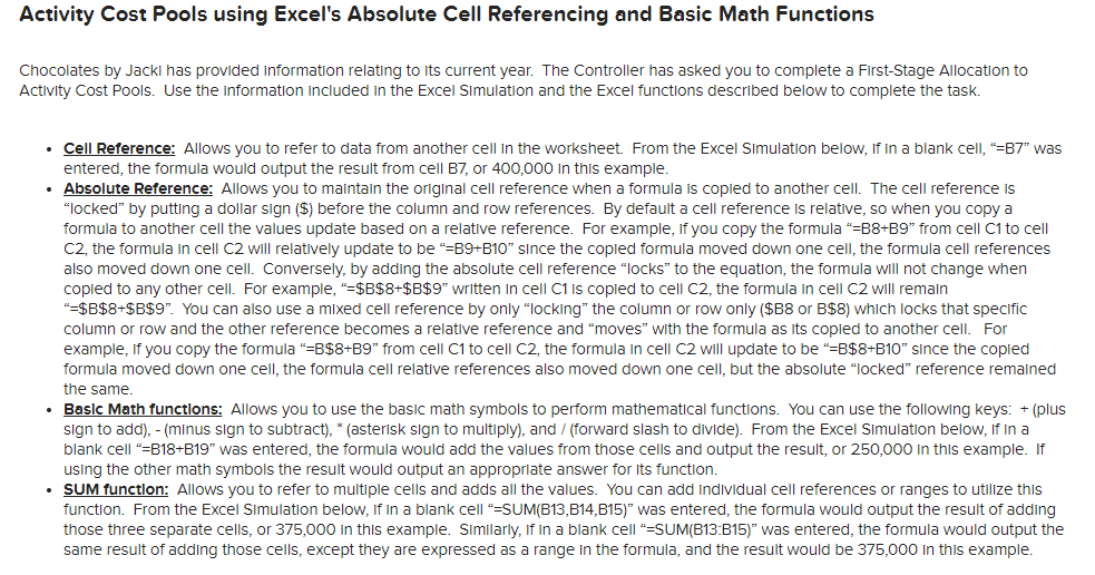 Solved Activity Cost Pools using Excel's Absolute Cell | Chegg.com