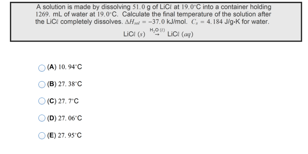 Solved A solution is made by dissolving 51.0 g of LiCl at | Chegg.com