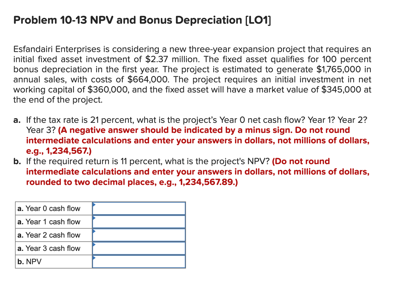 Solved Problem 10-13 NPV and Bonus Depreciation [LO1] | Chegg.com