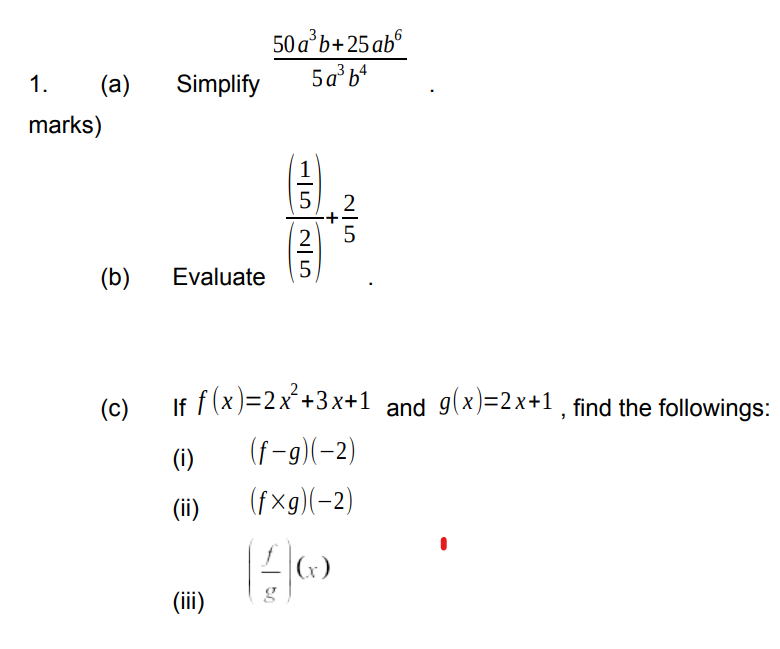 Solved 50a3b+25 ab 5ab4 Simplify 1. (a) marks) 1 5 + 2 5 (b) | Chegg.com