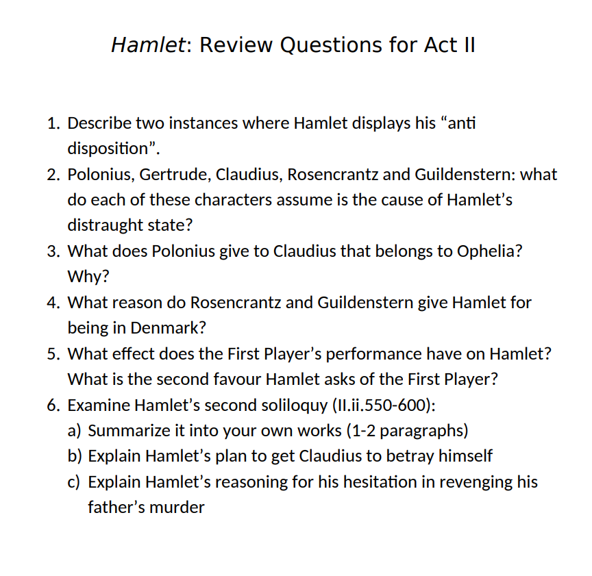 Hamlet: Review Questions for Act II 1. Describe two | Chegg.com