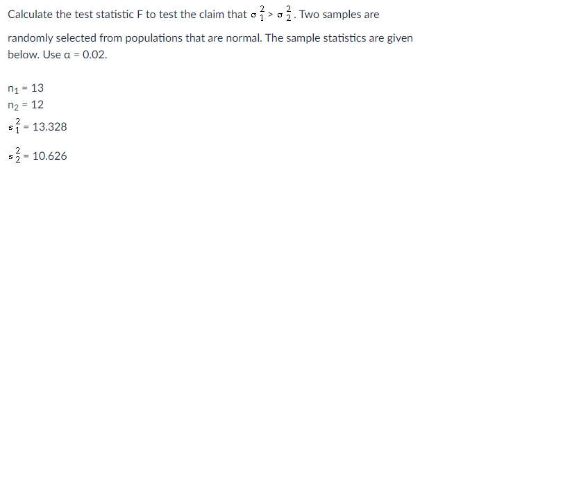 Solved Calculate the test statistic F to test the claim that | Chegg.com