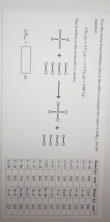 Solved Use the molar bond enthalpy data in the table to | Chegg.com