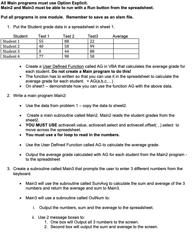 Solved All Main programs must use Option Explicit. Main2 and | Chegg.com