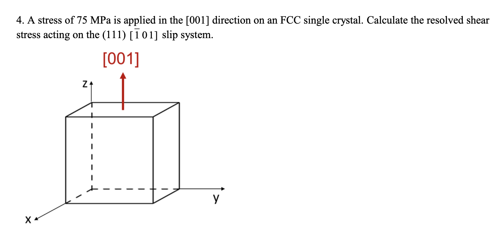 Solved 4. A stress of 75 MPa is applied in the [001] | Chegg.com