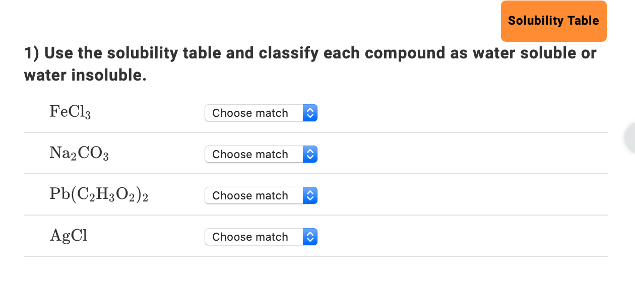 Solved Solubility Table 1) Use the solubility table and | Chegg.com