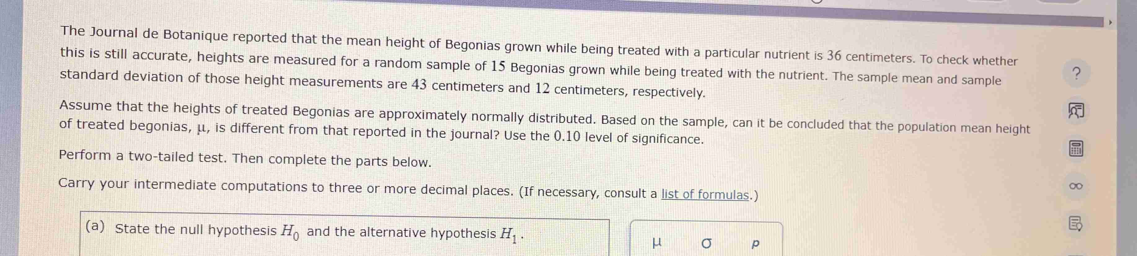 Solved The Journal de Botanique reported that the mean | Chegg.com