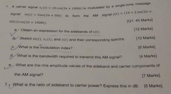 Solved 1. A carrier signal \\( v_{x}(t)=10 \\cos (2 \\pi | Chegg.com