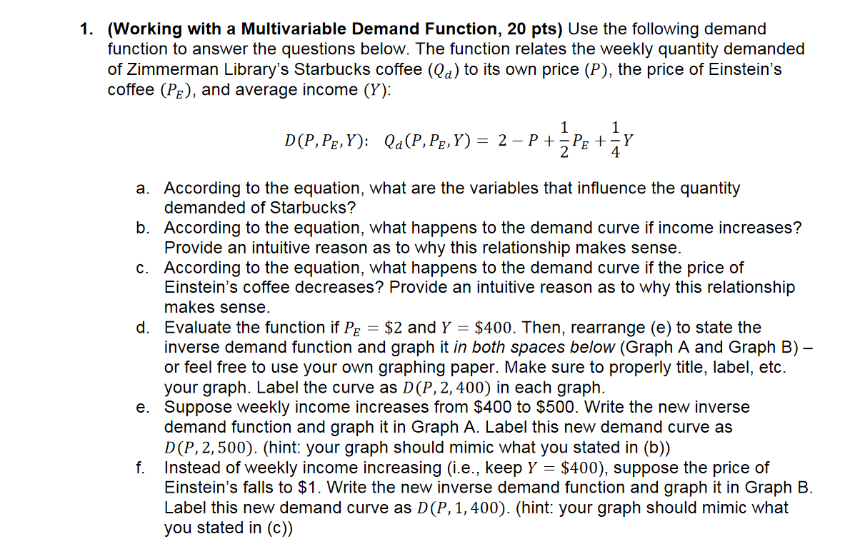 Solved 1. (Working with a Multivariable Demand Function, 20 | Chegg.com