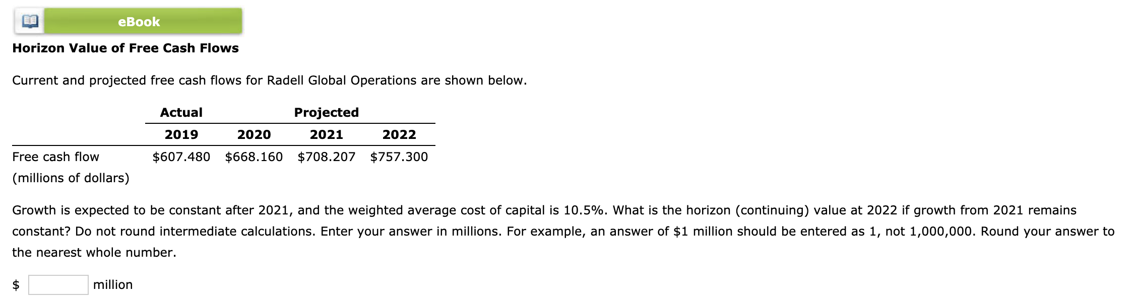 Solved eBook Horizon Value of Free Cash Flows Current and | Chegg.com