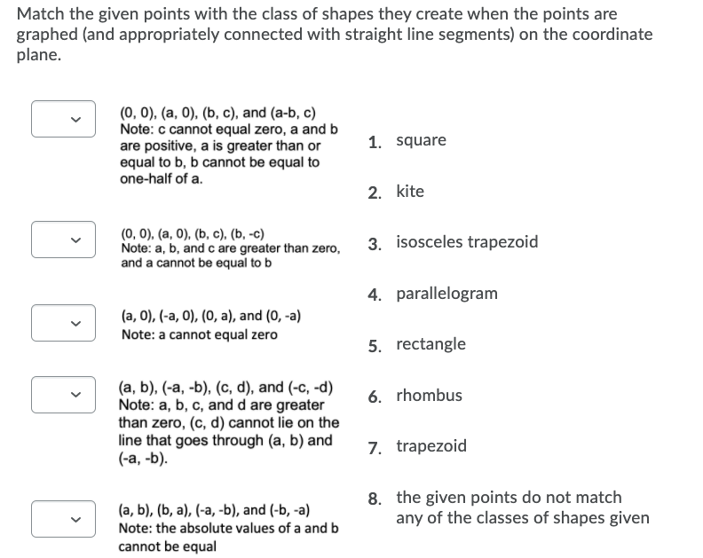 Solved Match the given points with the class of shapes they | Chegg.com