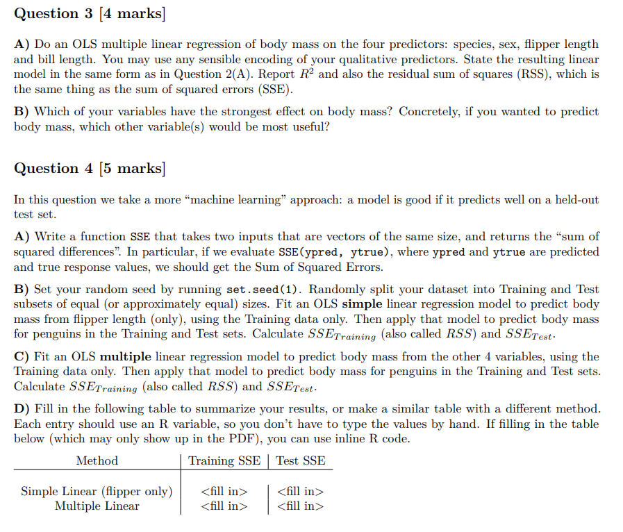 Solved A) Do an OLS multiple linear regression of body mass | Chegg.com