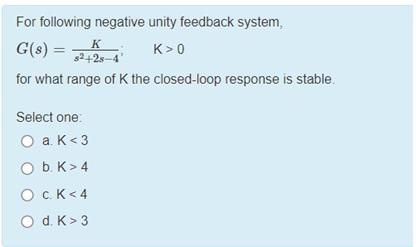 Solved For following negative unity feedback system, | Chegg.com