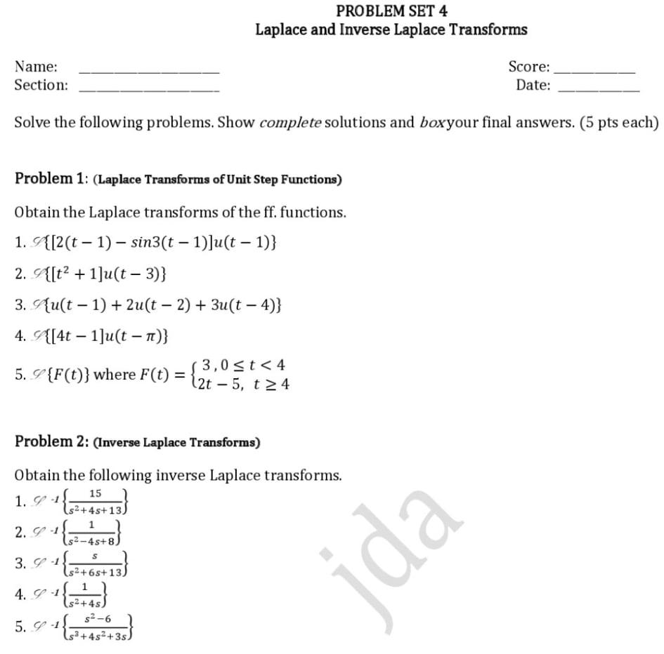 Solved PROBLEM SET 4 Laplace and Inverse Laplace Transforms | Chegg.com