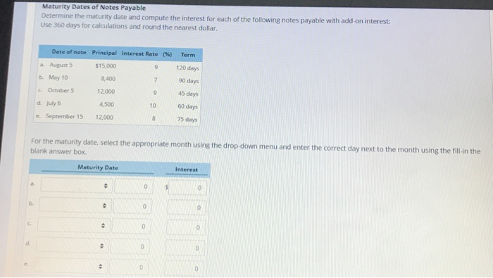 Solved Maturity Dates of Notes Payable the maturity date and | Chegg.com