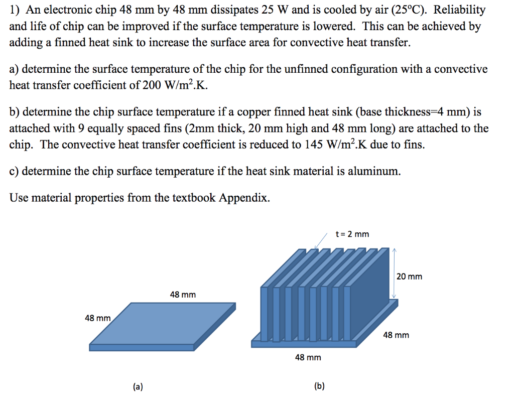 Solved 1) An electronic chip 48 mm by 48 mm dissipates 25 W | Chegg.com