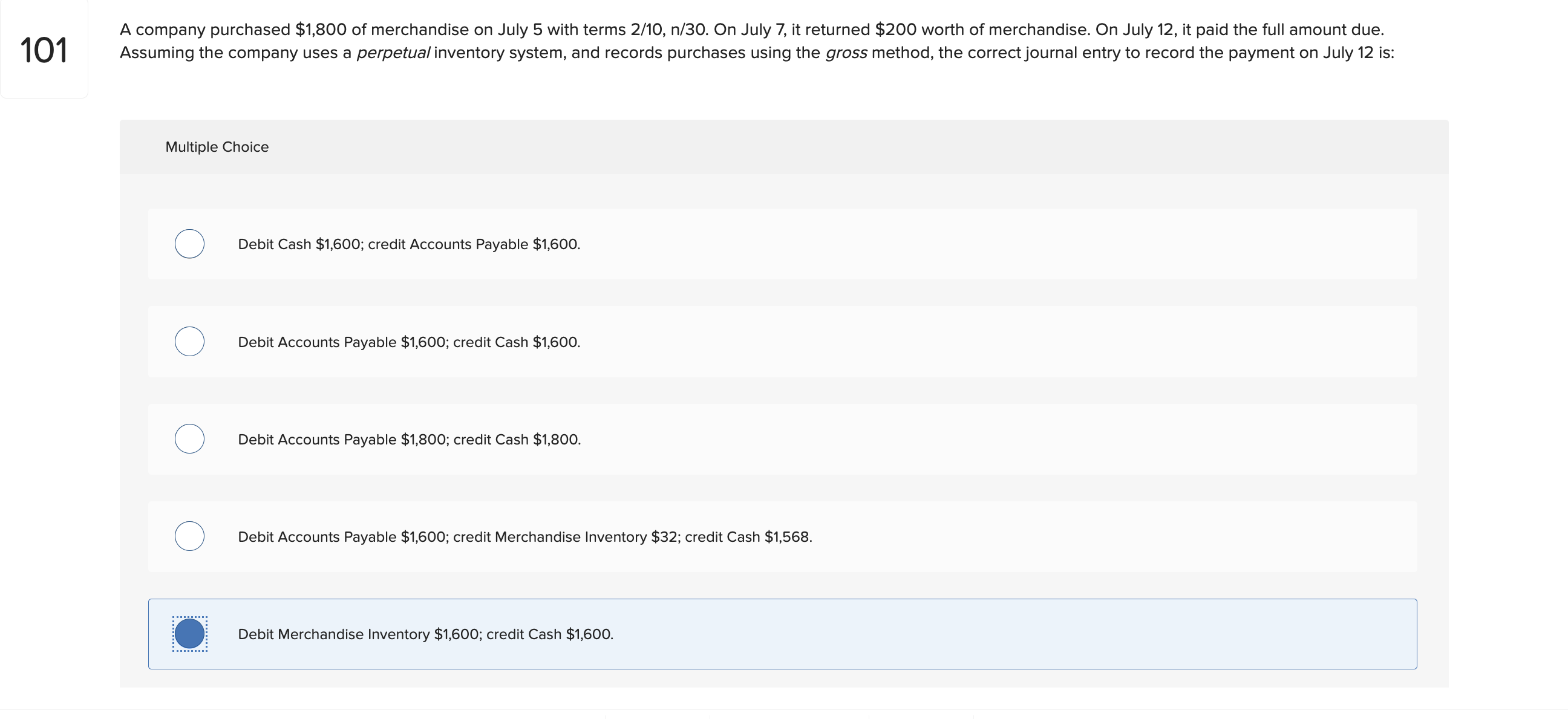 Solved A company purchased $1,800 of merchandise on July 5 | Chegg.com