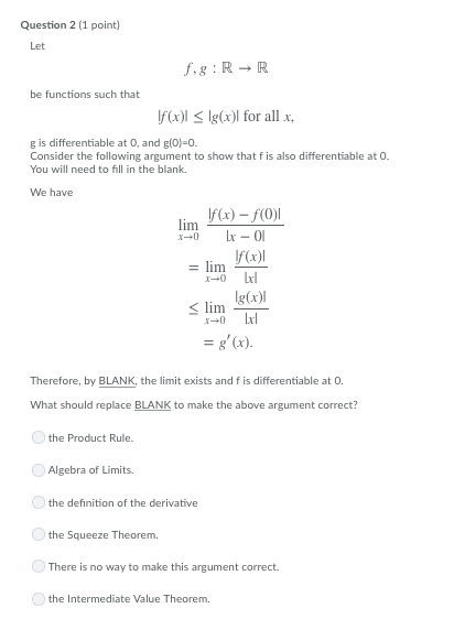 Solved Question 2 (1 point) Let f.g :R-R be functions such | Chegg.com