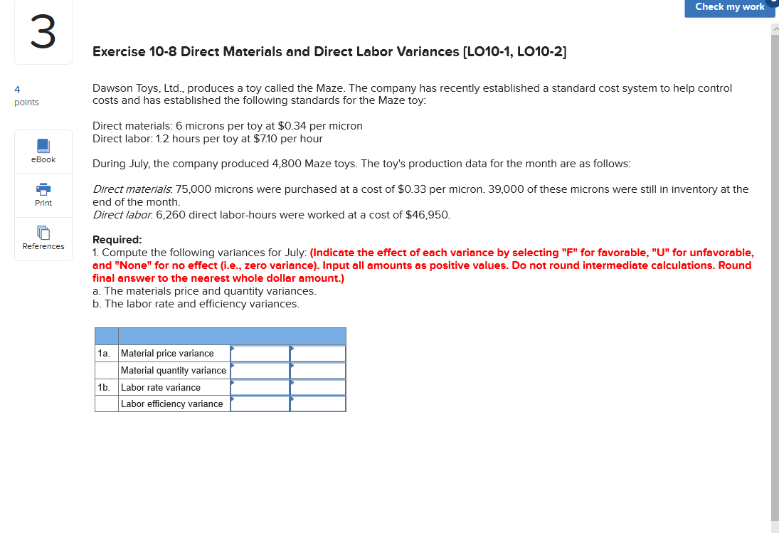 Solved Check my work Exercise 10-8 Direct Materials and | Chegg.com
