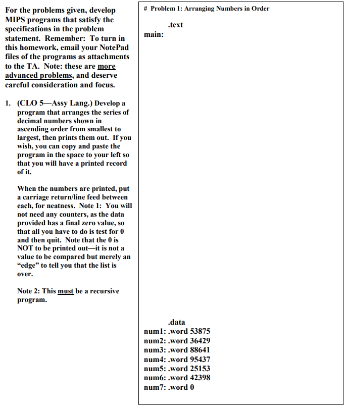 # Problem 1: Arranging Numbers in Order text main: | Chegg.com