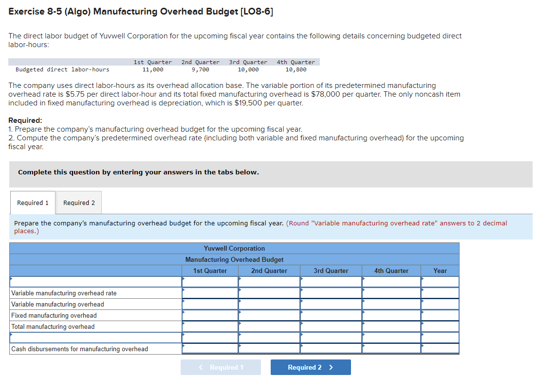 Solved Exercise 8-5 (Algo) Manufacturing Overhead Budget | Chegg.com Solved Exercise 8-5 (Algo) Manufacturing Overhead Budget | Chegg.com