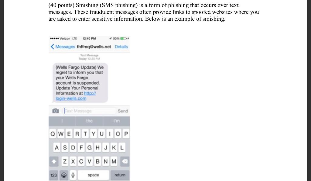 Solved 40 points) Smishing (SMS phishing) is a form of | Chegg.com