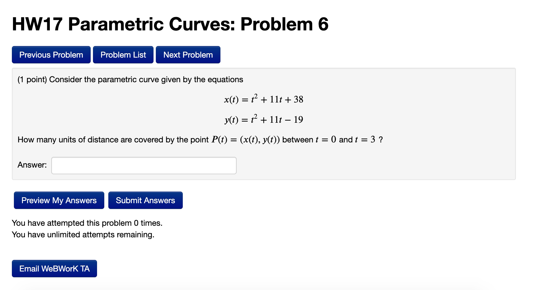 Solved HW17 Parametric Curves: Problem 6 Previous Problem | Chegg.com