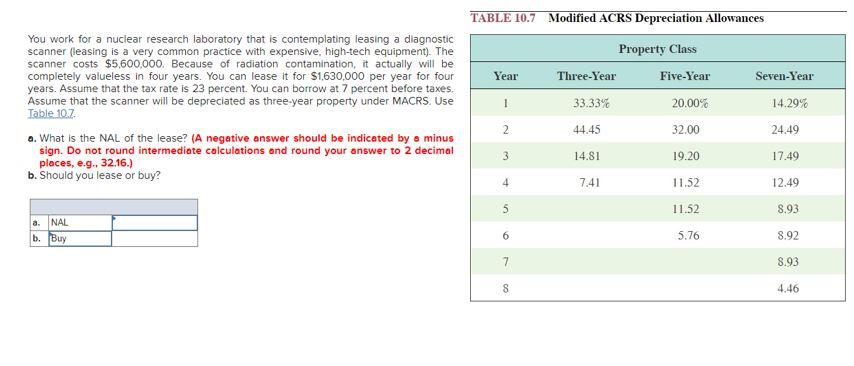 Solved TABLE 10.7 Modified ACRS Depreciation Allowances Year | Chegg.com