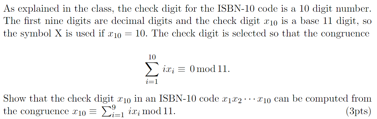 Solved As explained in the class, the check digit for the | Chegg.com
