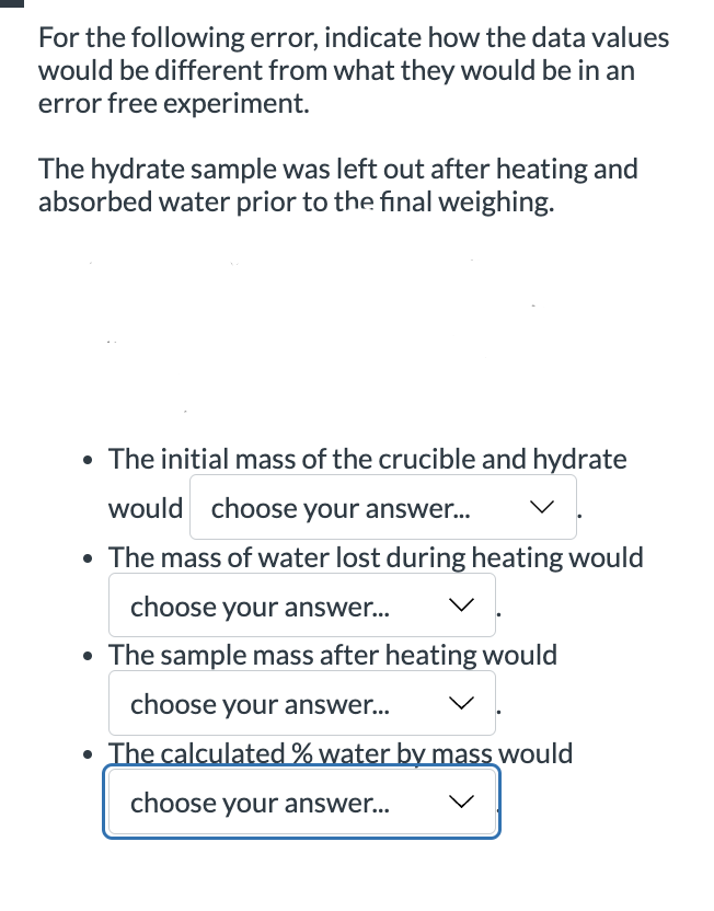 Solved For the following error, indicate how the data values | Chegg.com