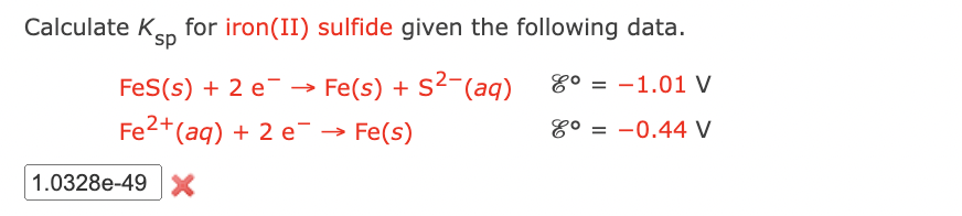 Solved Calculate Ksp for iron(II) sulfide given the | Chegg.com