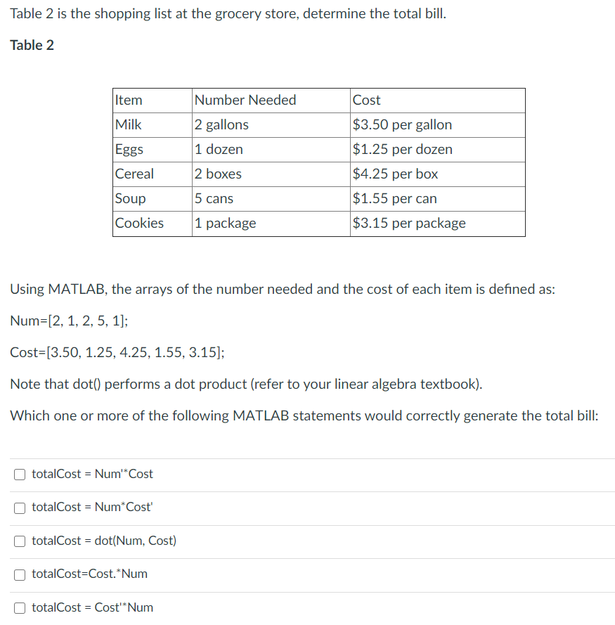 Solved Table 2 is the shopping list at the grocery store, | Chegg.com